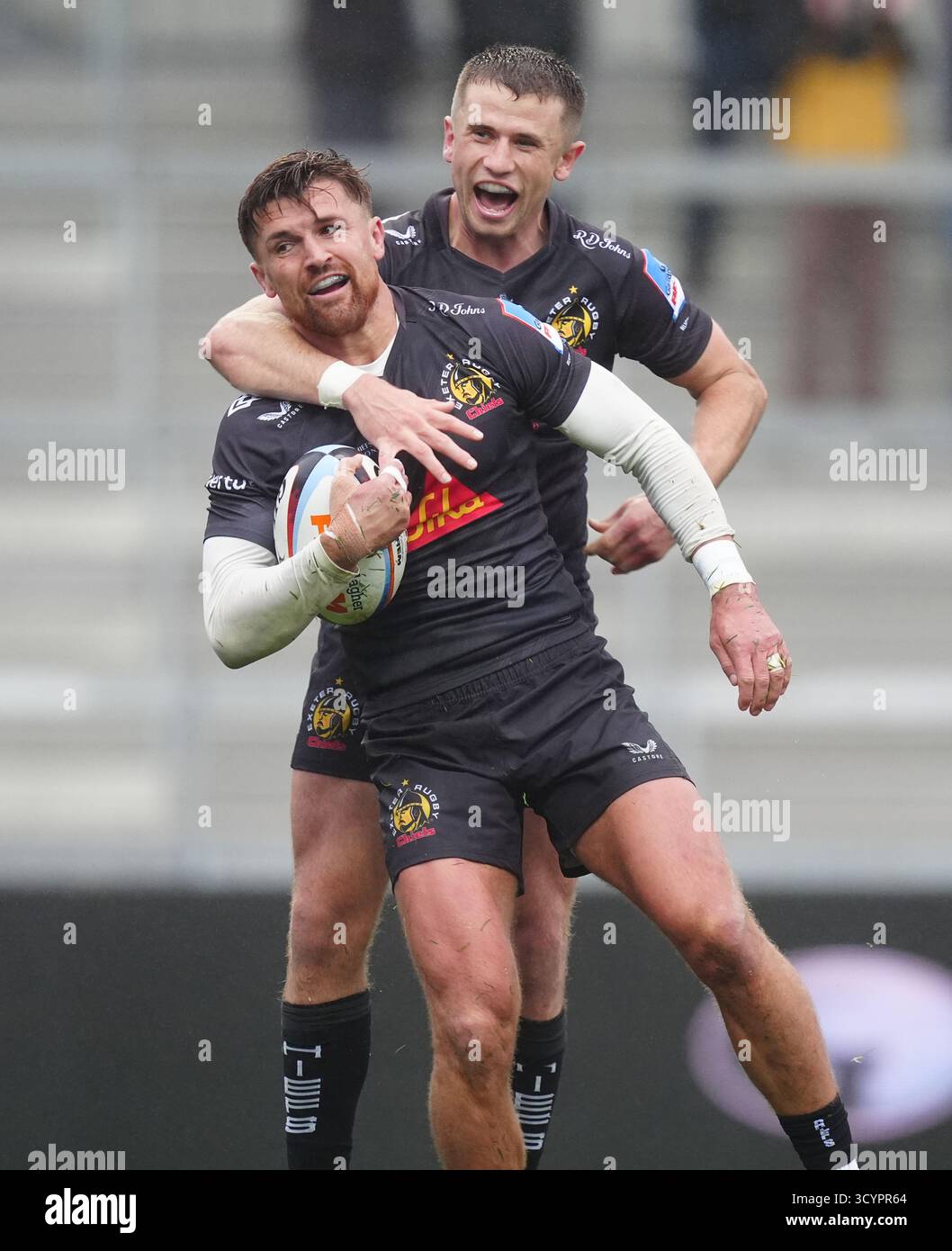 Exeter's Henry Slade celebrates their second try during the Gallagher ...