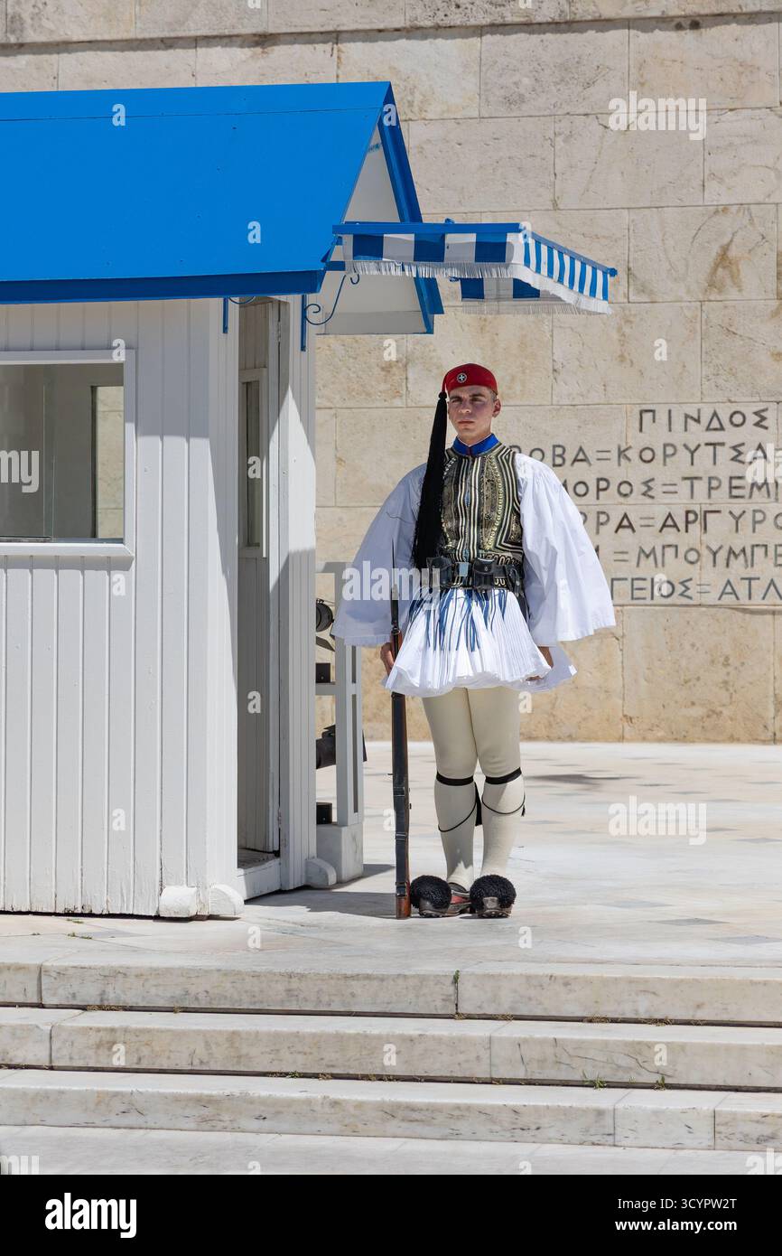 Greek Evzone guard standing on duty at the Tomb of the Unknown Soldier ...