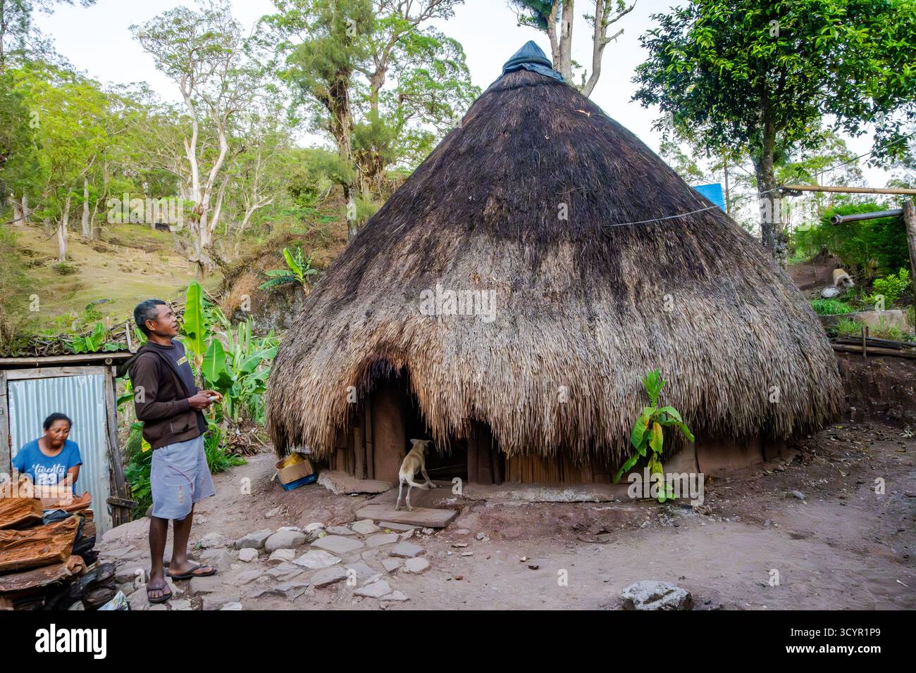 A couple outside their traditional round house with thatched grass roof ...