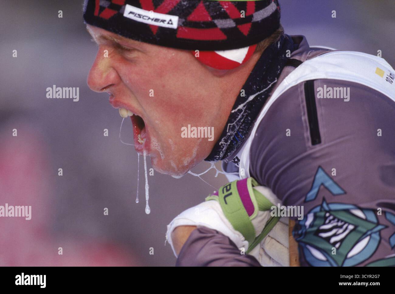 A skiier salivating after a race Stock Photo - Alamy