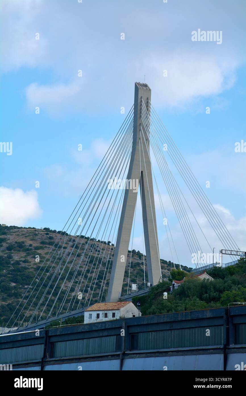Vertical view of the main pylon and steel cables of the Franjo Tudjman ...
