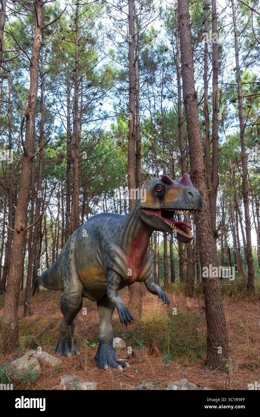 Realistic sculpture of a Ceratosaurus displayed at the Dino Parque ...