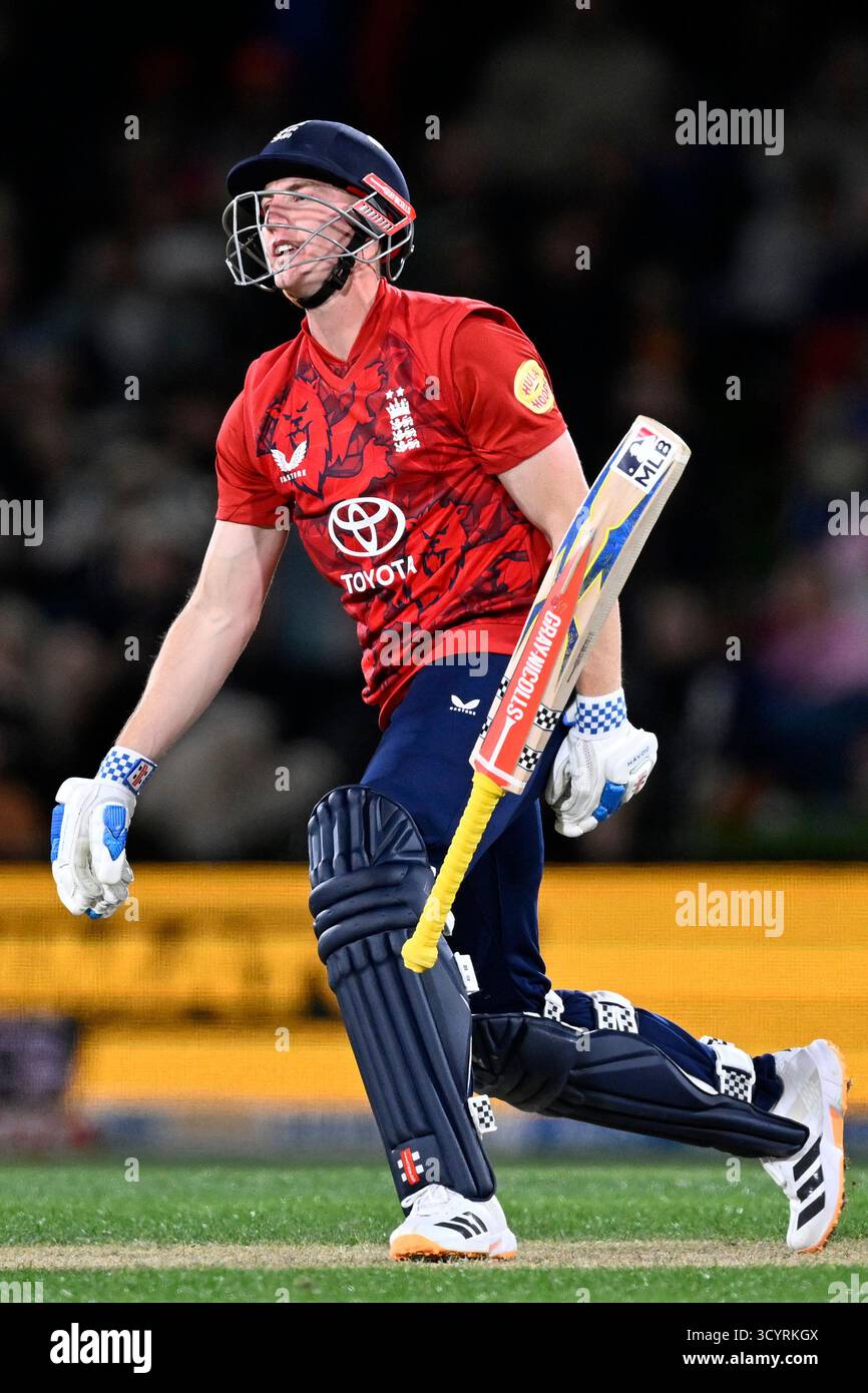 England's Harry Brook drops his bat while batting against New Zealand ...