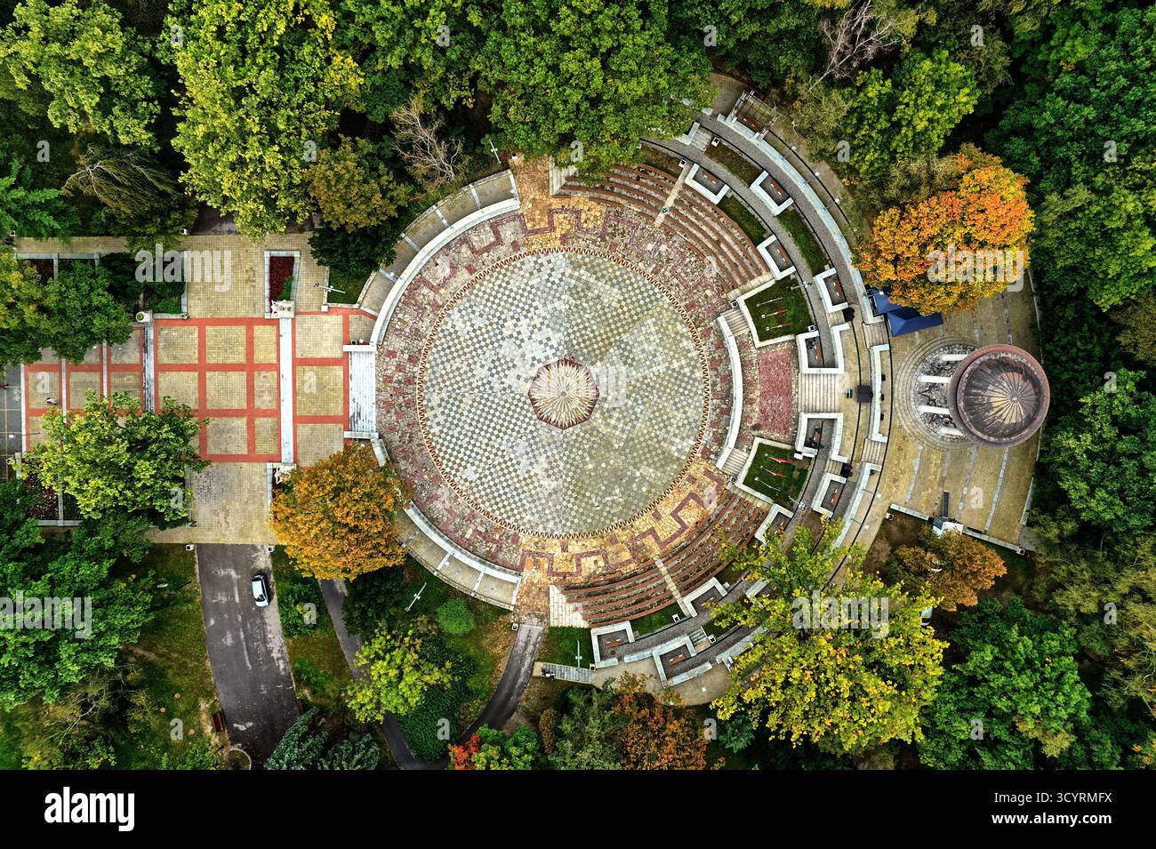 Aerial landscape of planetarium observatory complex with reflective ...