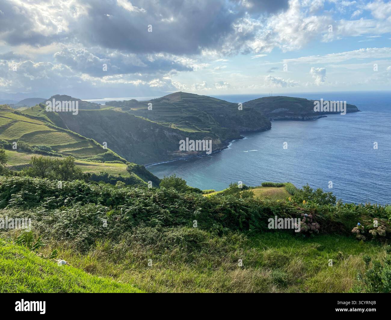 High View of Green Terraced Coastal Hills and Deep Blue Atlantic Ocean ...