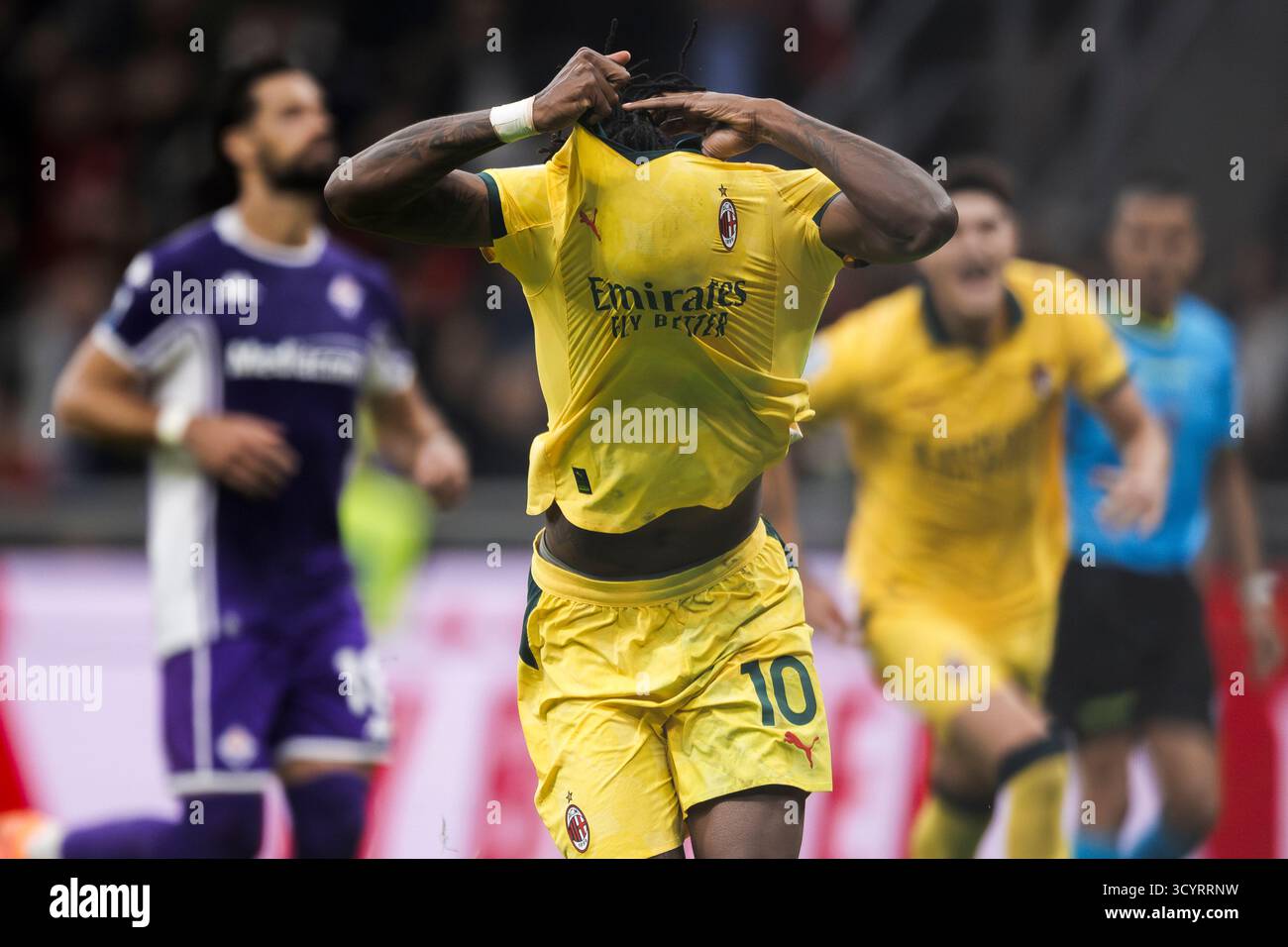 Rafael Leao of AC Milan celebrates after scoring a goal from a penlty ...