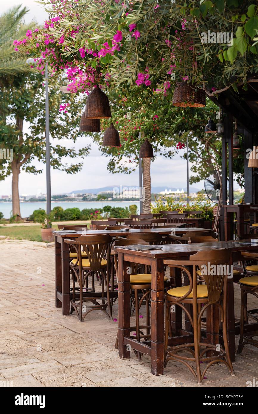 Outdoor dining area features rustic wooden tables and chairs, adorned ...