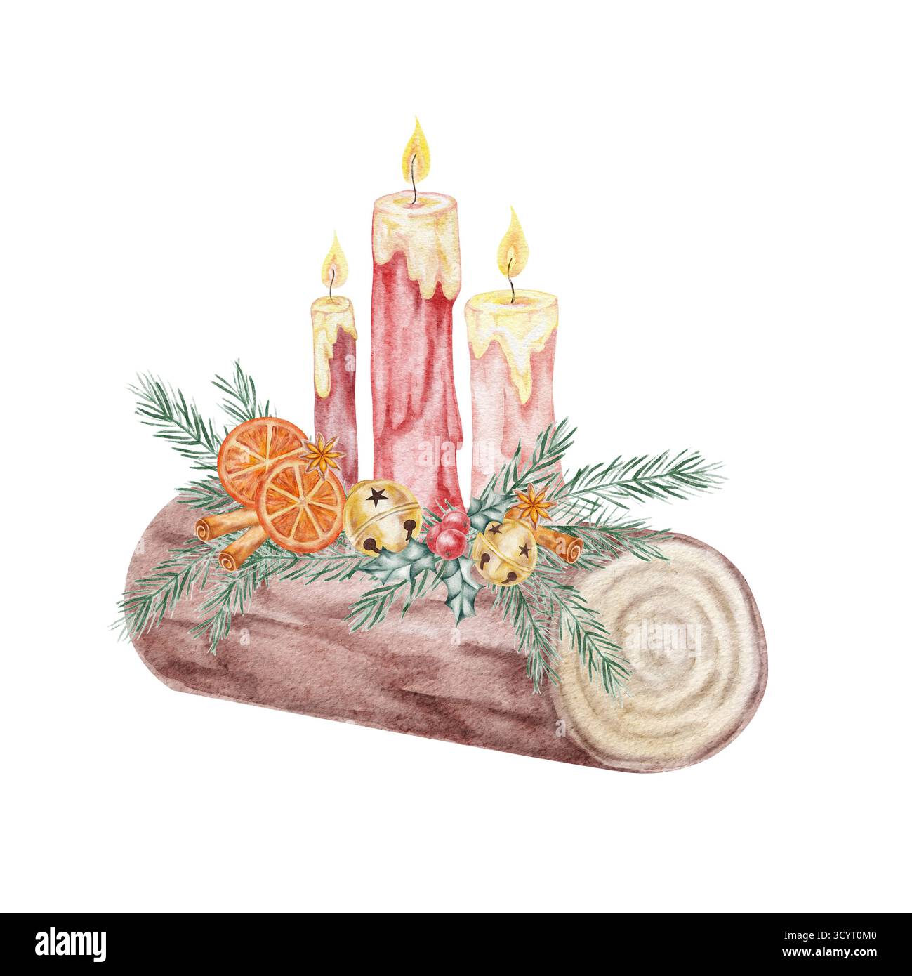 Yule log with glowing candles and orange slices, detailed hand drawn ...