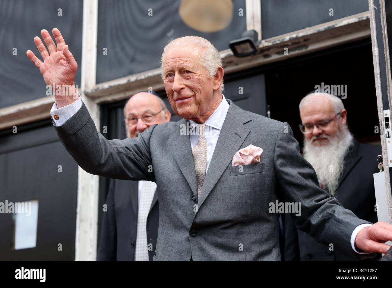 King Charles III waves to the public during his visit to Heaton Park ...