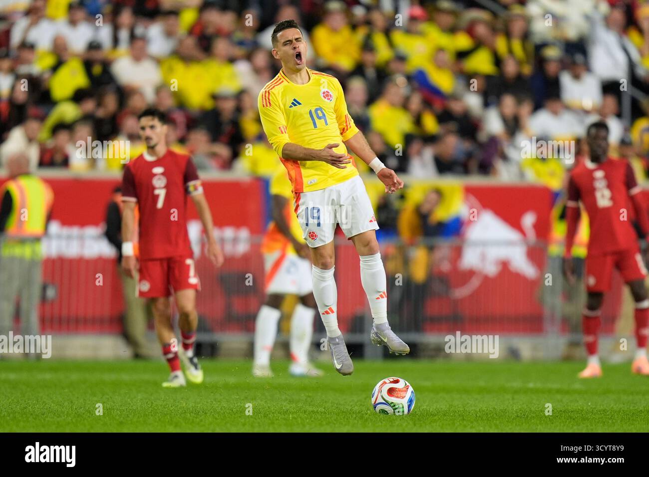 Colombia's Rafael Borre Santos reacts during a friendly soccer match ...