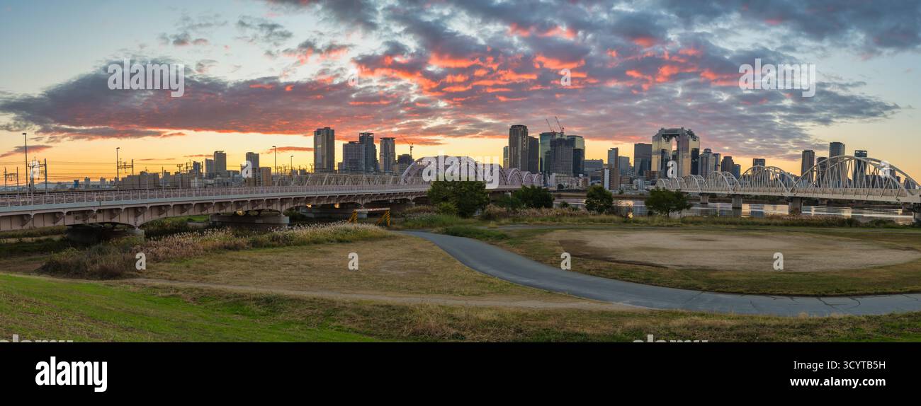 Osaka Japan, panorama city skyline sunrise at Yodo River and Juso ...