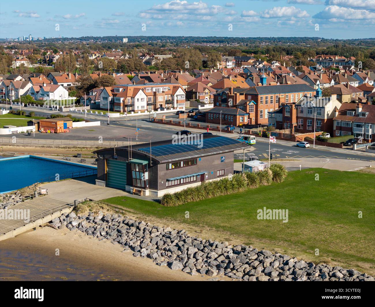 Aerial view shows the RNLI lifeboat station, Hoylake, Wirral, England ...