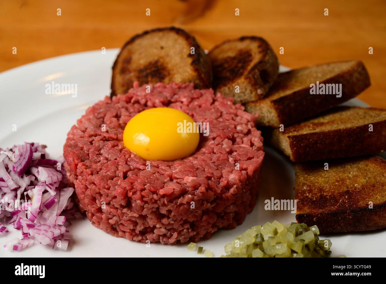 Beef Tartare Hovezi Tatarak Czech Style with Raw Egg Yolk, Topinki ...