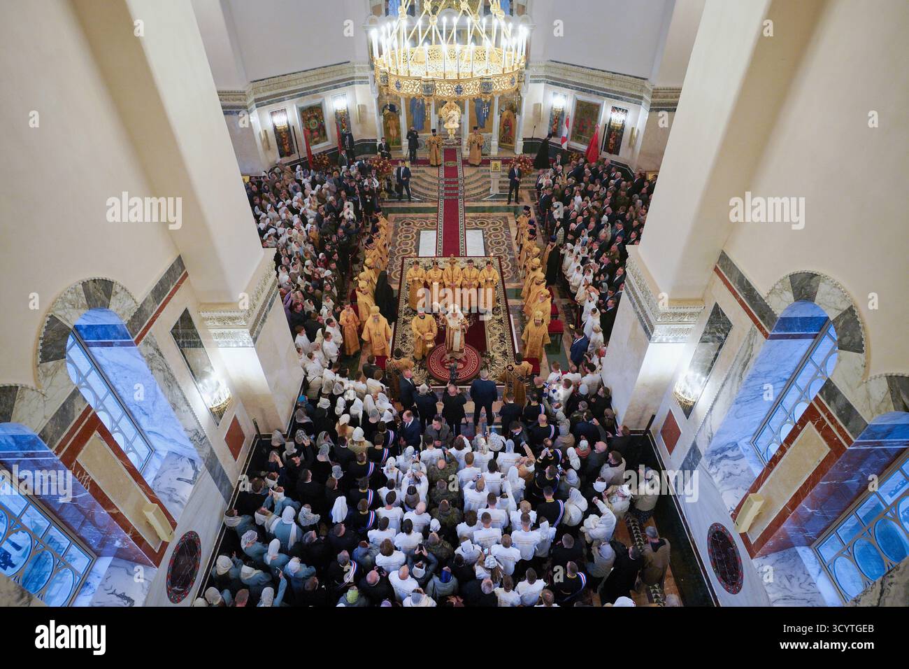 Russian Orthodox Patriarch Kirill, center, performs the rite of the ...