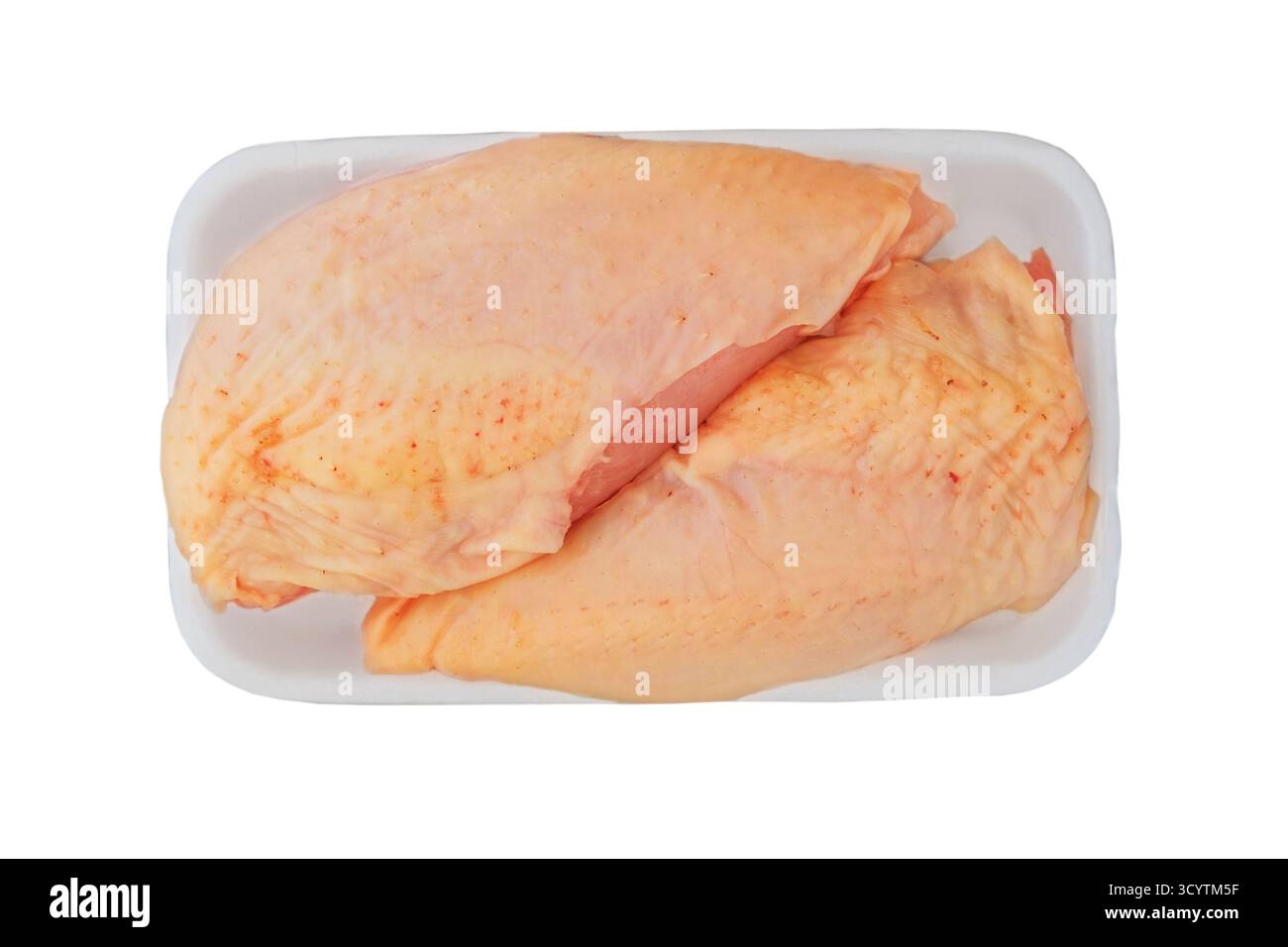 Domestic chicken fillet with skin in plate isolated in white background ...