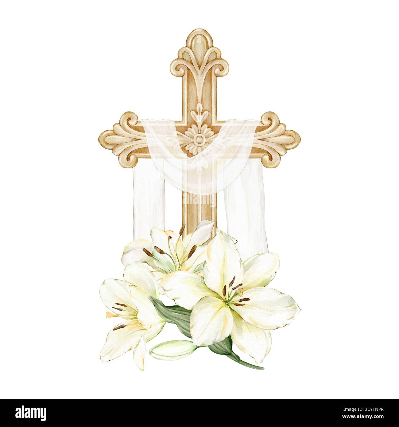 Christian cross with white draped cloth and white lilies. Watercolor ...