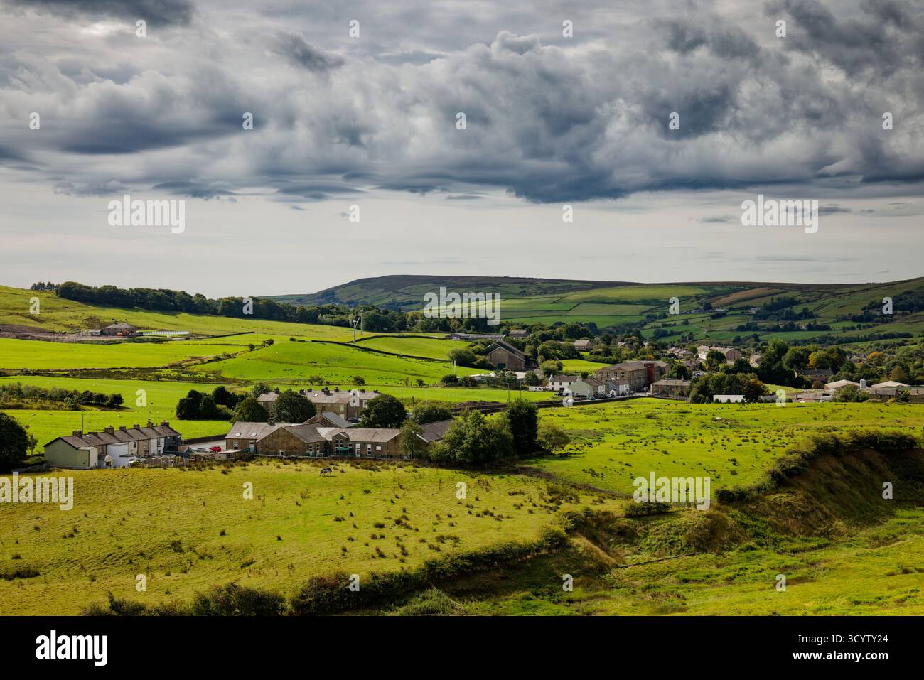 A view over the village of Dunnockshaw in a valley of the West Pennines ...