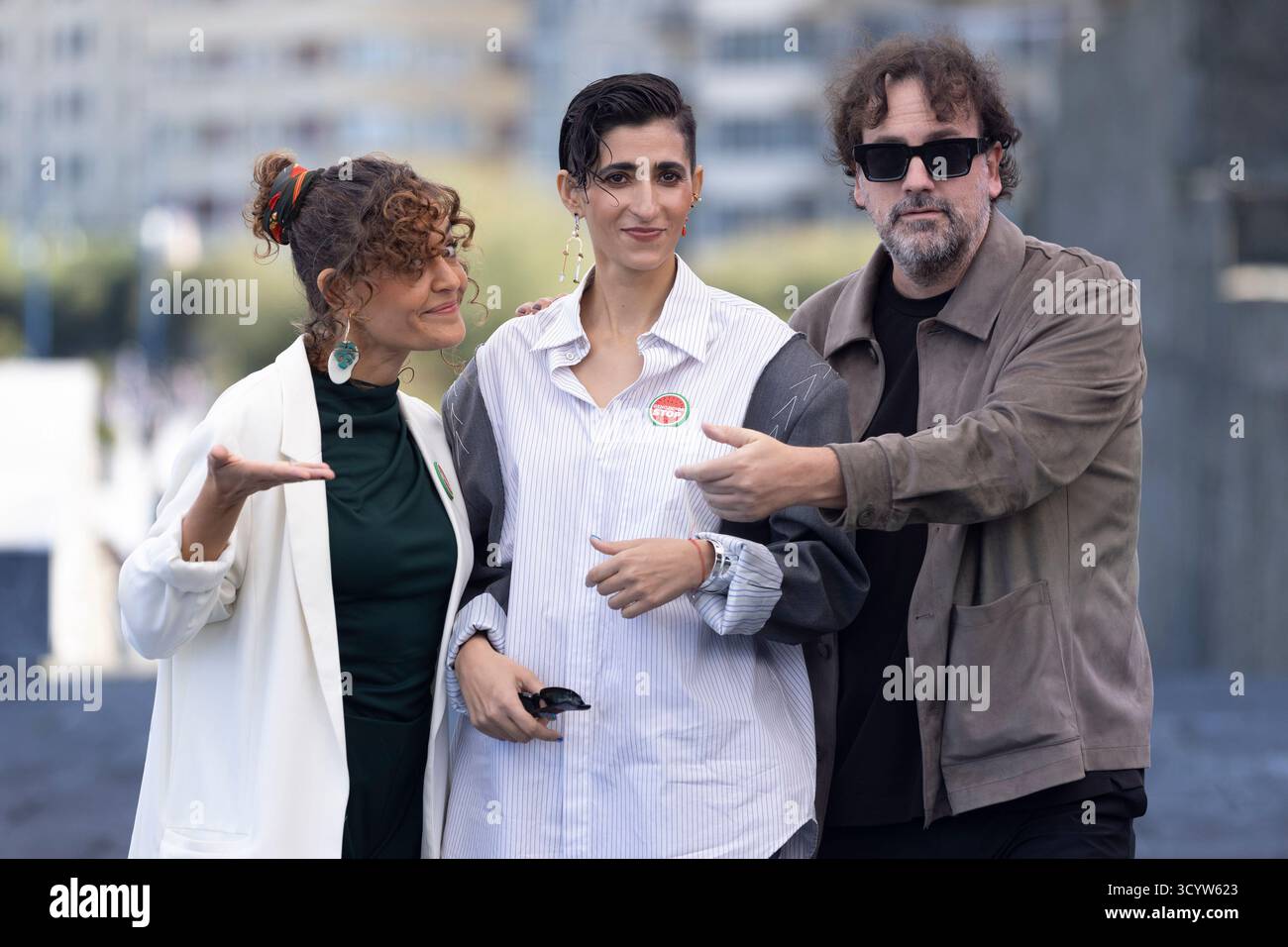 (From L-R) Elena Molina, Alba Flores and Isaki Lacuesta attend the ...