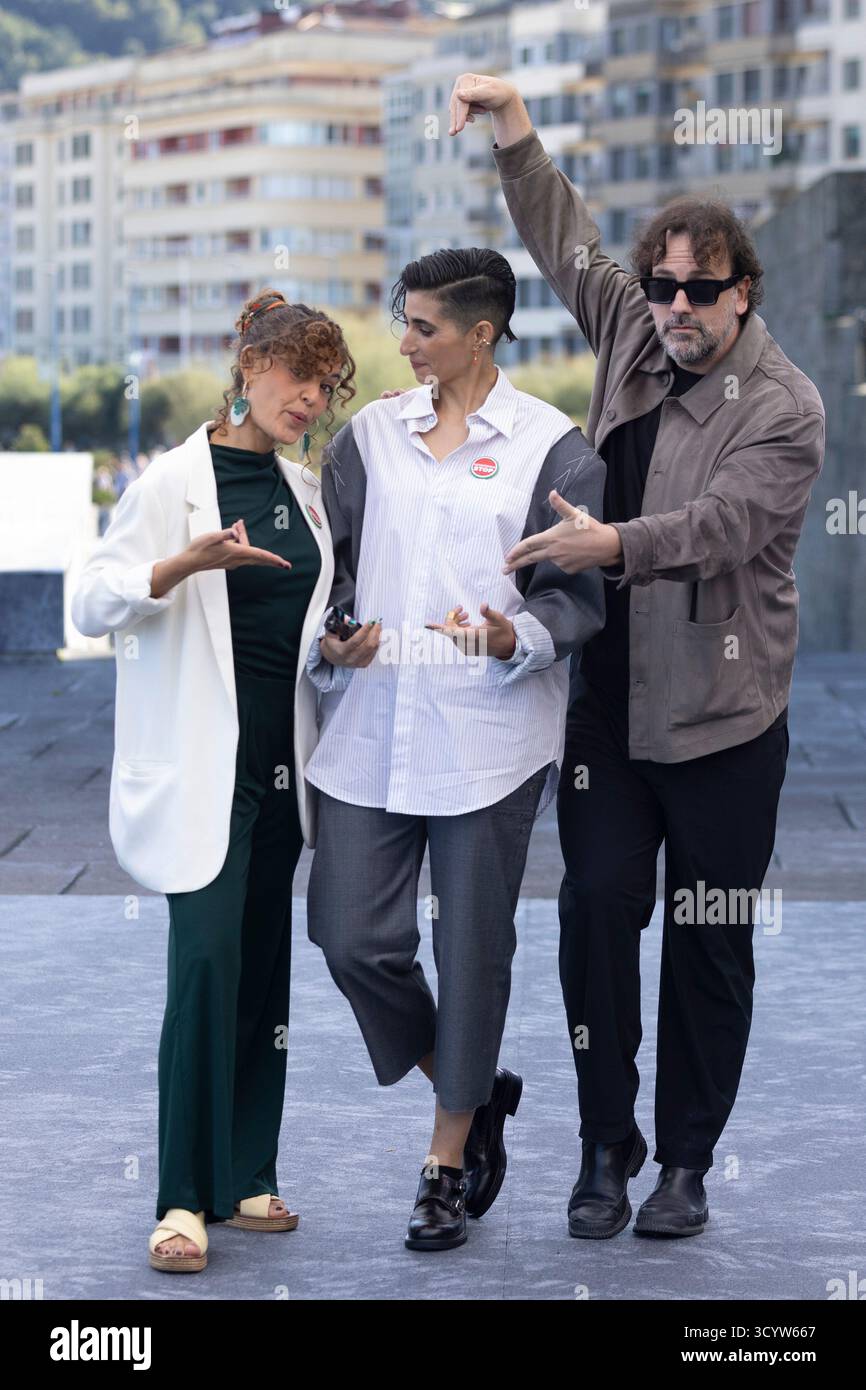 (From L-R) Elena Molina, Alba Flores and Isaki Lacuesta attend the ...