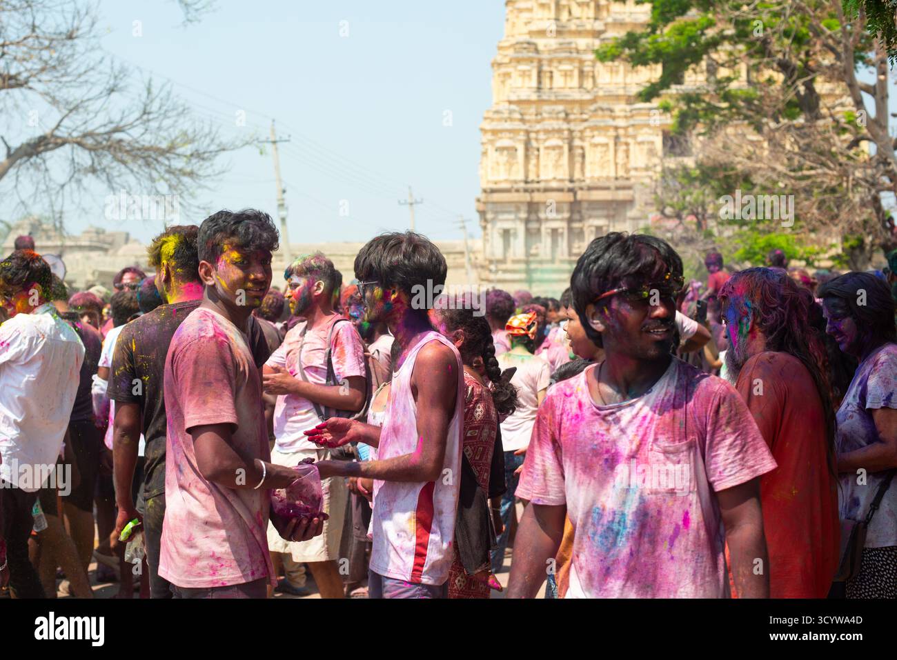 Holi festival in Hampi, people celebrating hindu holiday of colours ...