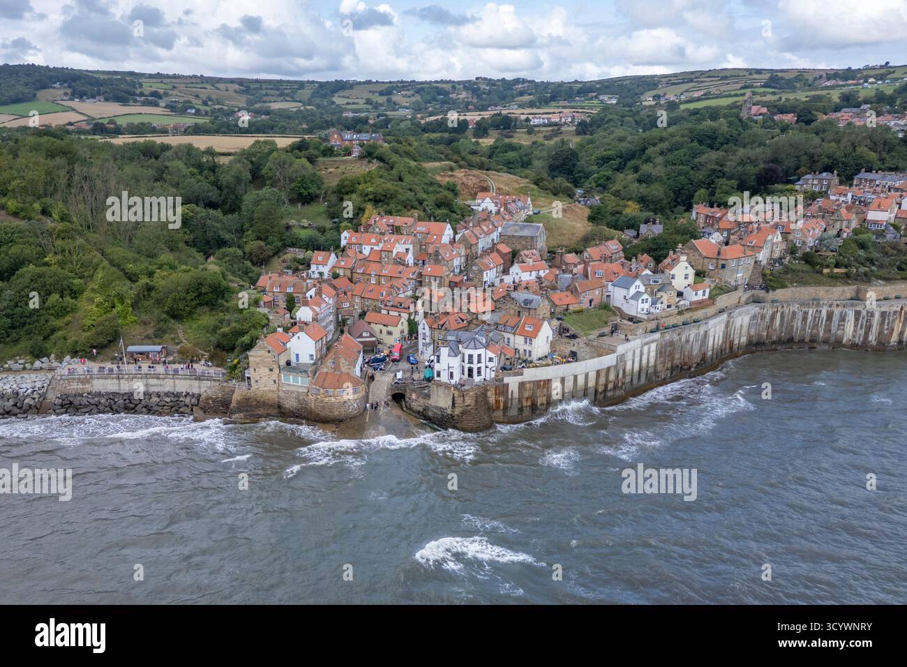 Aerial view of Robin Hoods Bay, Whitby, North Yorkshire, UK Stock Photo ...