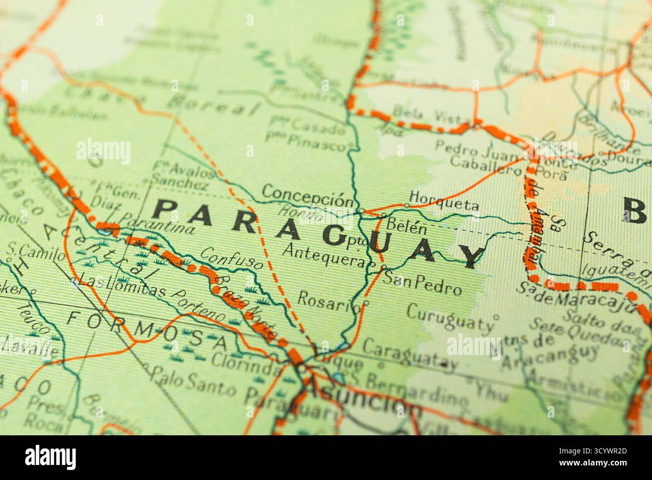 Close-up of an old topographic map, focusing on Paraguay with ...