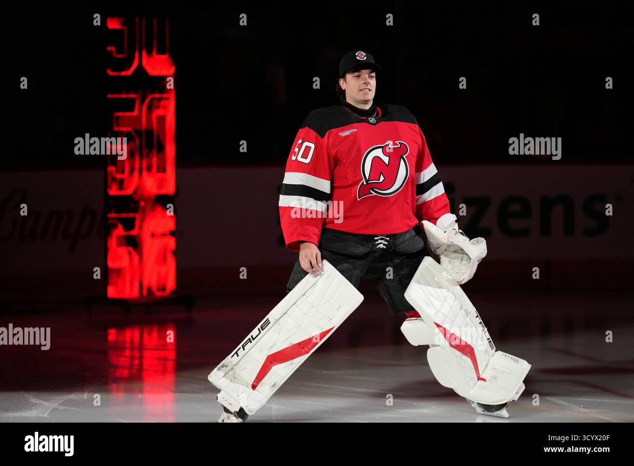 New Jersey Devils' Nico Daws is introduced before the start of an NHL ...