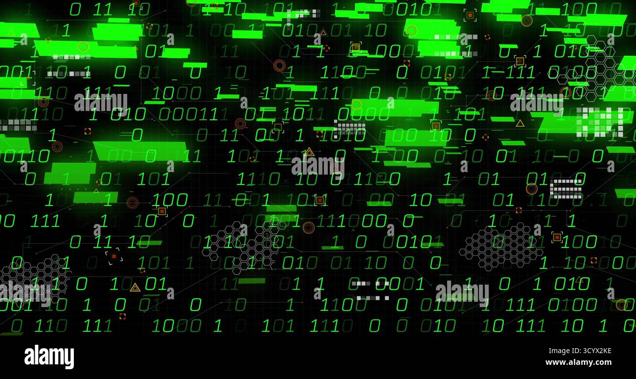 Presenting data in digital interface with binary digits, bars, hex grids, circuit lines and ...