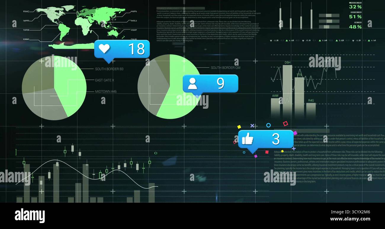 Floating social media badges pulsing over dark dashboard UI, with world ...
