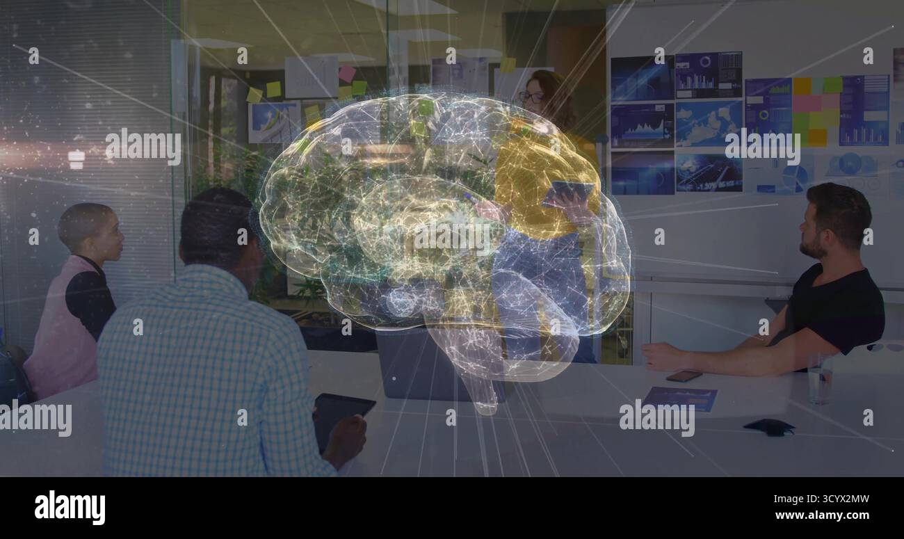 3D hologram brain model hovering over table in meeting room, team ...