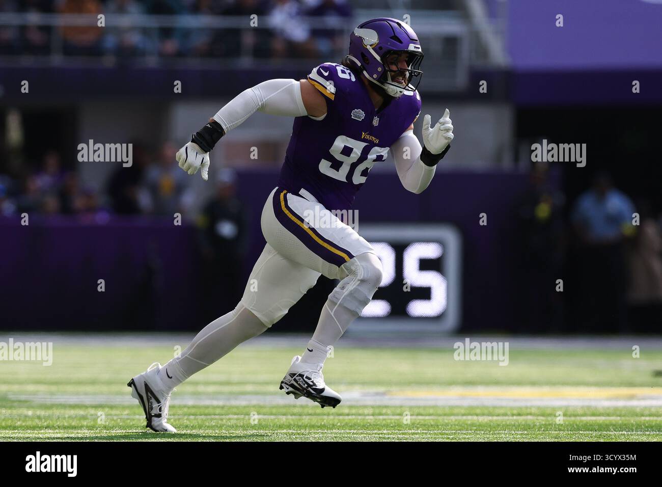 Minnesota Vikings linebacker Tyler Batty (96) moves across the field ...