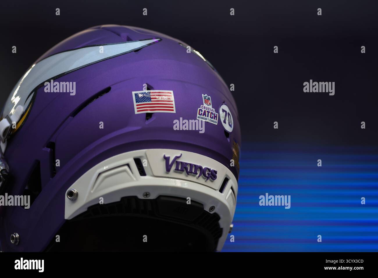 A Crucial Catch logo is seen on the helmet of Minnesota Vikings ...
