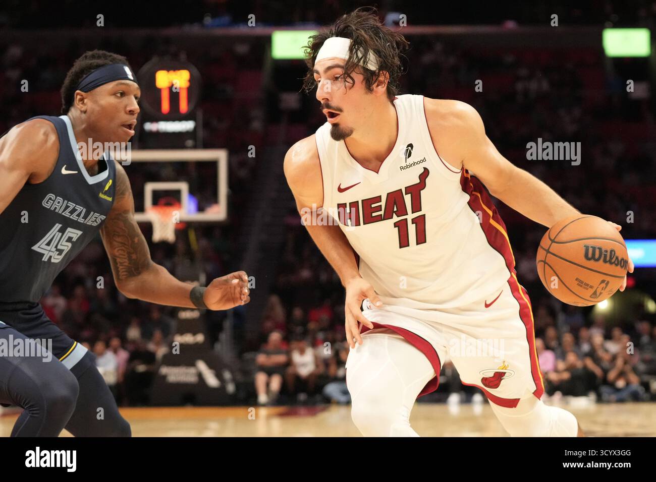 Miami Heat guard Jaime Jaquez Jr. (11) dribbles the ball as Memphis ...