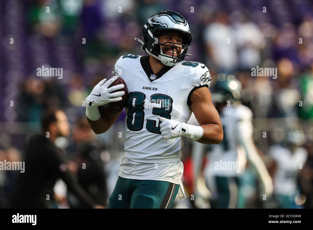 Philadelphia Eagles tight end Kylen Granson (83) warms up before an NFL football game against ...
