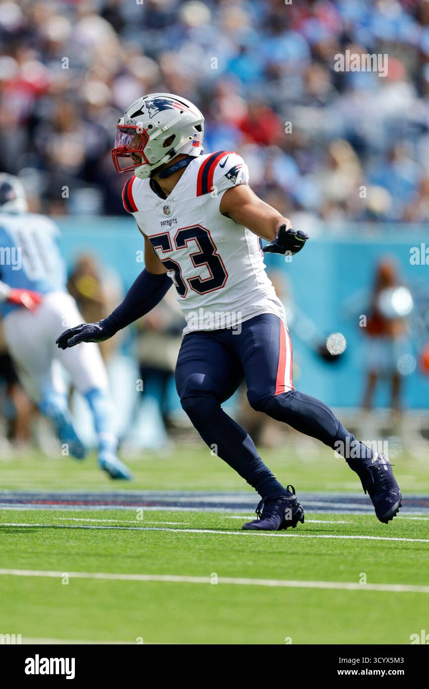 New England Patriots linebacker Christian Elliss (53) defends during ...