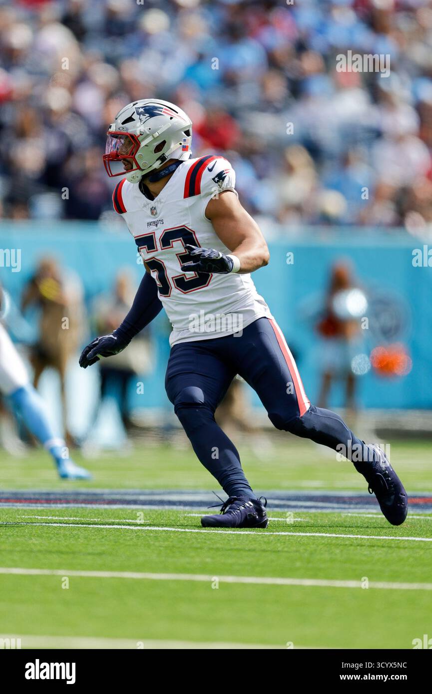 New England Patriots linebacker Christian Elliss (53) defends during ...