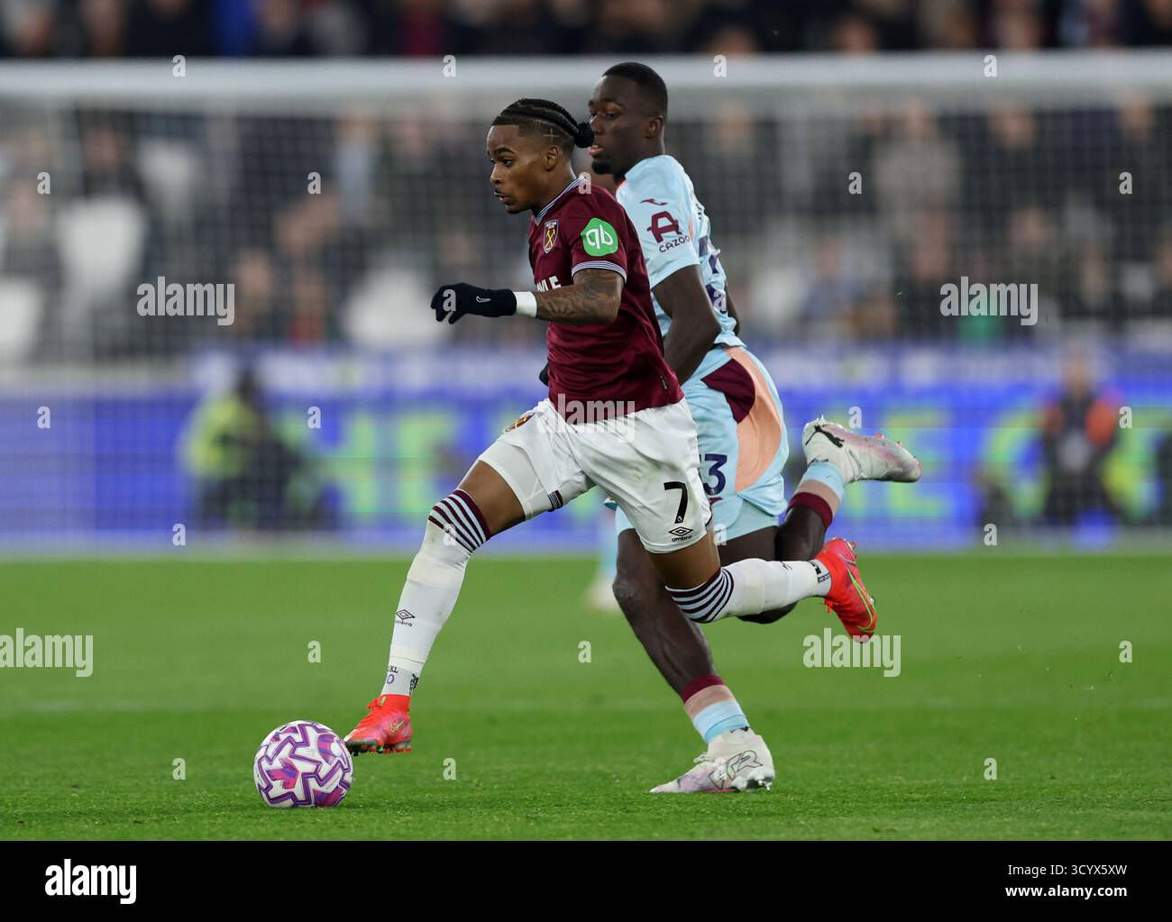West Ham United's Crysencio Summerville (left) and Brentford's Michael ...
