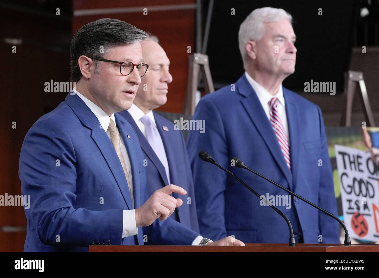 Speaker of the House Mike Johnson, R-La., left, speaks as Majority Whip ...