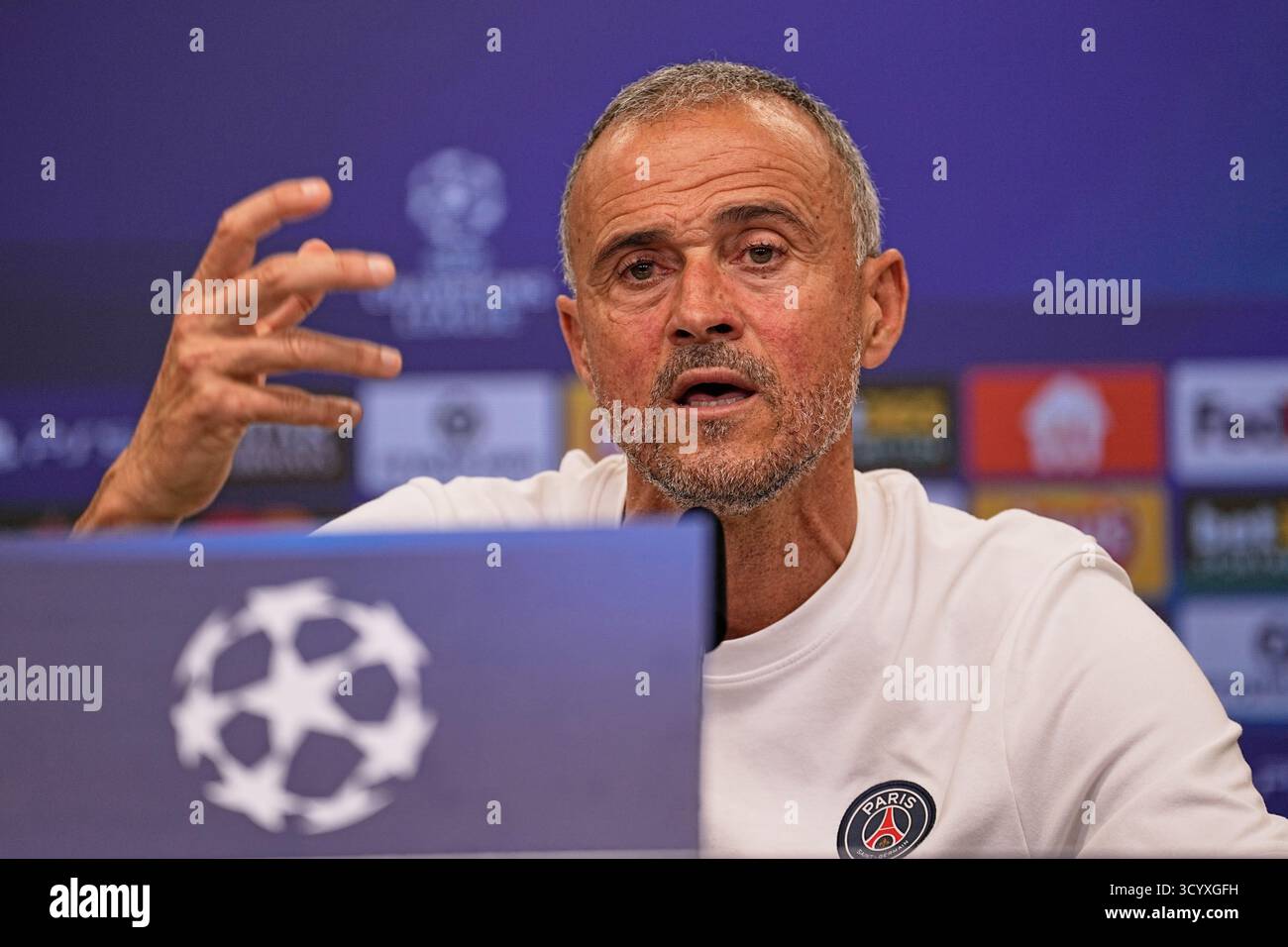 PSG head coach Luis Enrique addresses the media during a news ...
