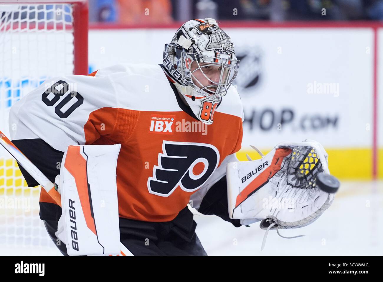 Philadelphia Flyers' Dan Vladar blocks a shot during the first period ...
