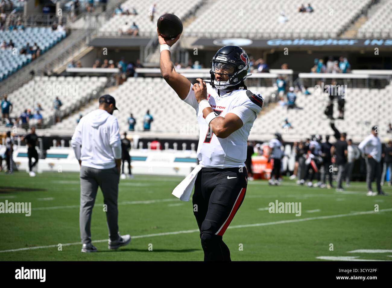 Houston Texans quarterback CJ. Stroud (7) warms up before an NFL ...