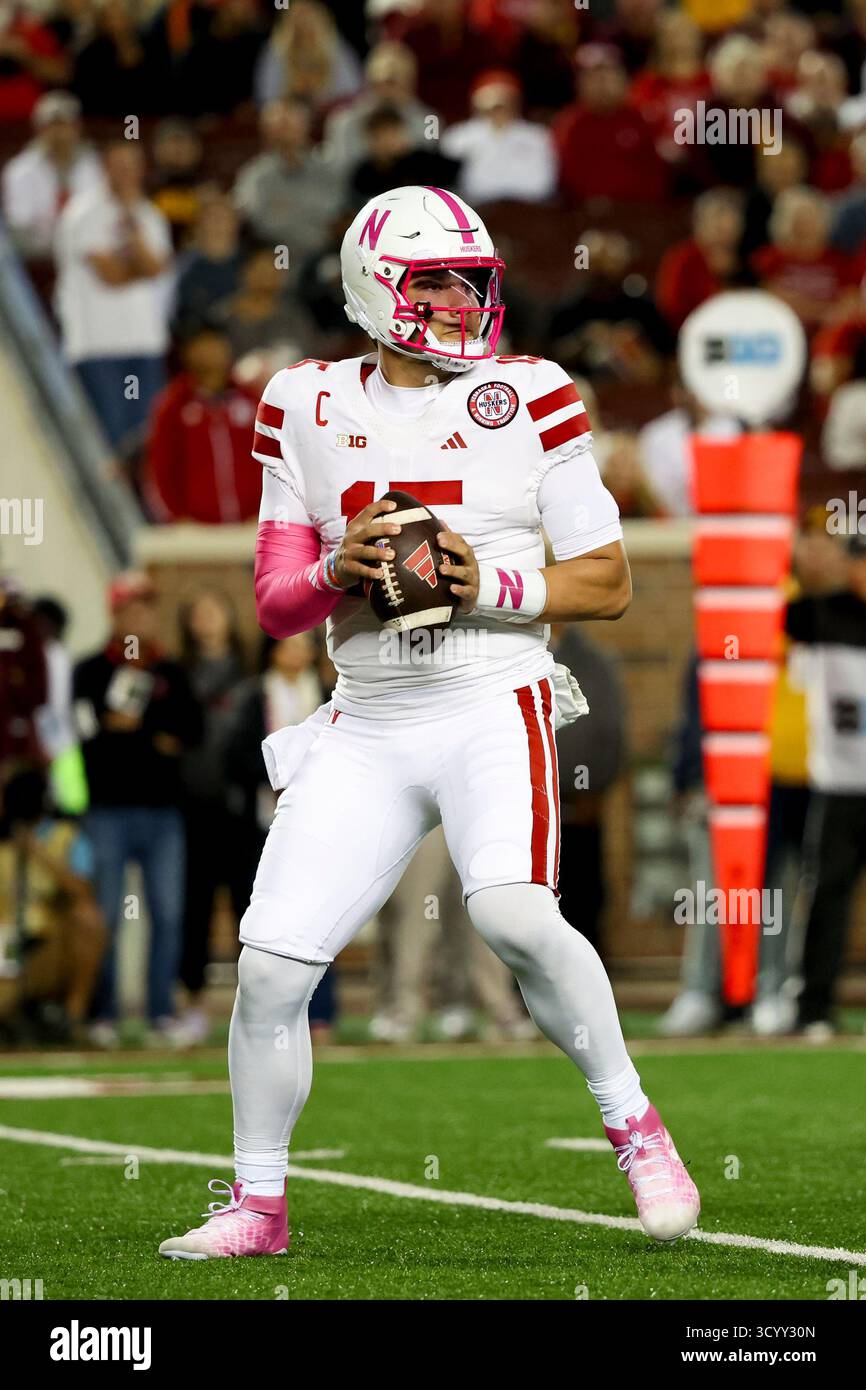 Nebraska quarterback Dylan Raiola looks to pass during the first half ...