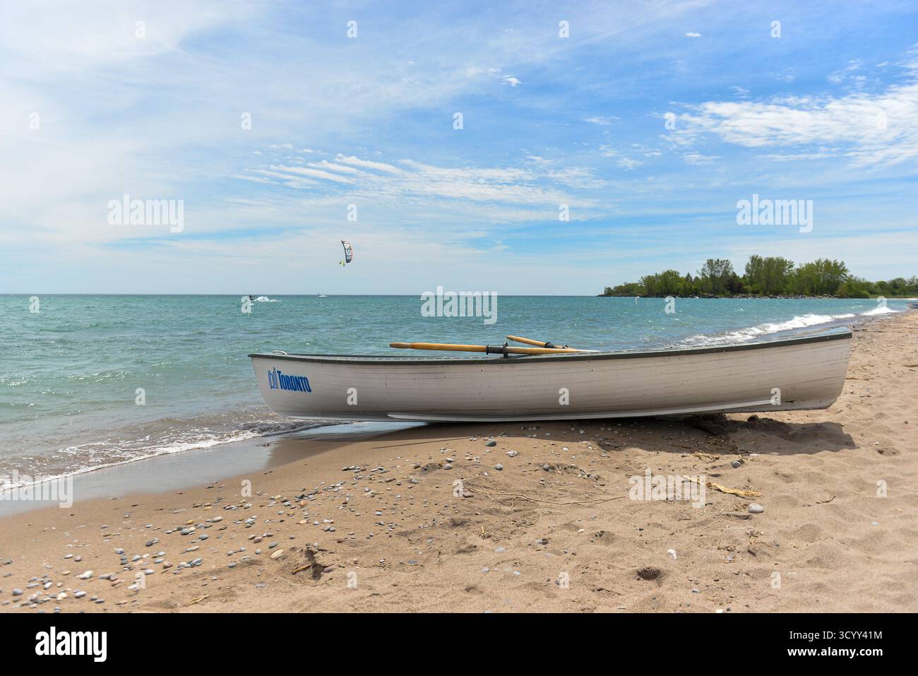 Toronto, ON, Canada - October 12, 2025: A white lifeguard boat sits on ...