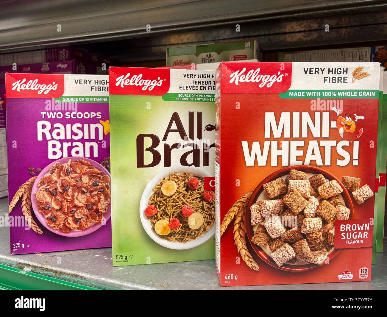 Kellogg's cereal boxes, including Raisin Bran, All-Bran, and Mini ...
