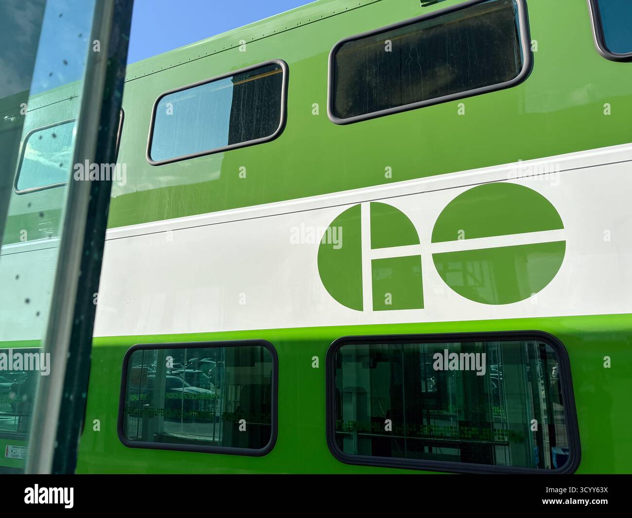 Go Train double-decker commuter car with green and white livery and GO ...