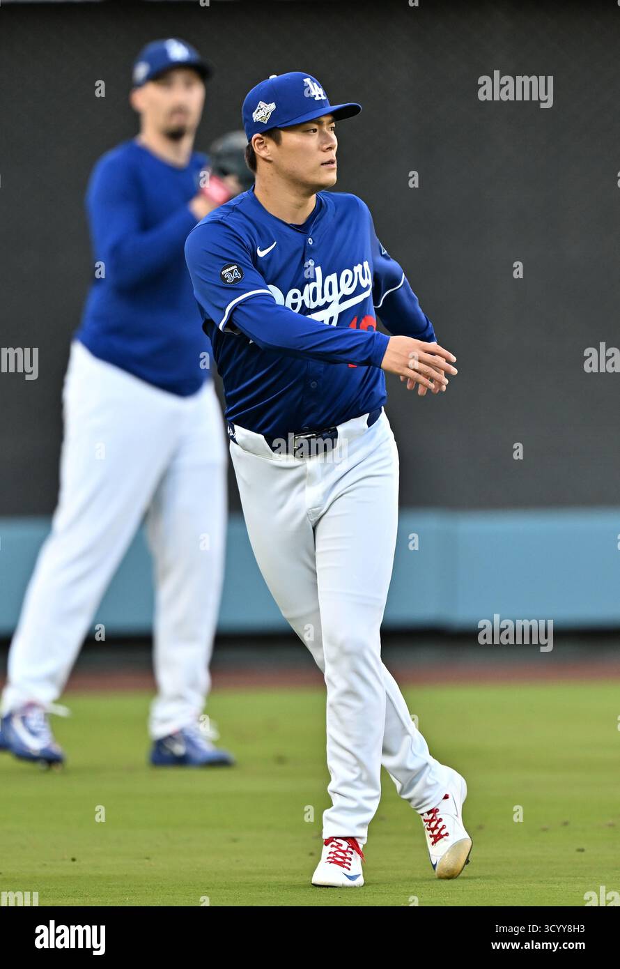 Los Angeles Dodgers pitcher Yoshinobu Yamamoto takes part in a practice ...