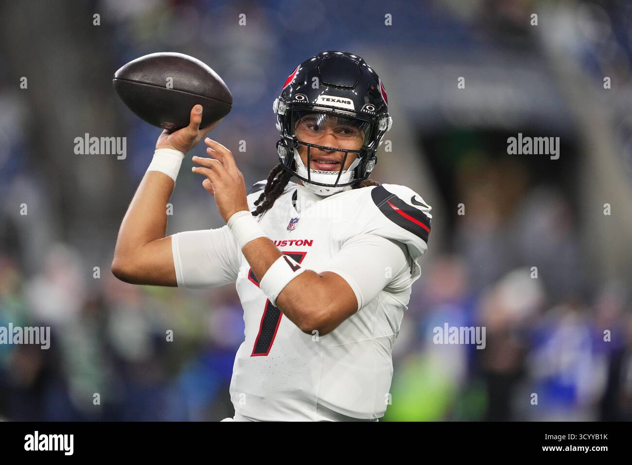 Houston Texans quarterback C.J. Stroud warms up before an NFL football ...