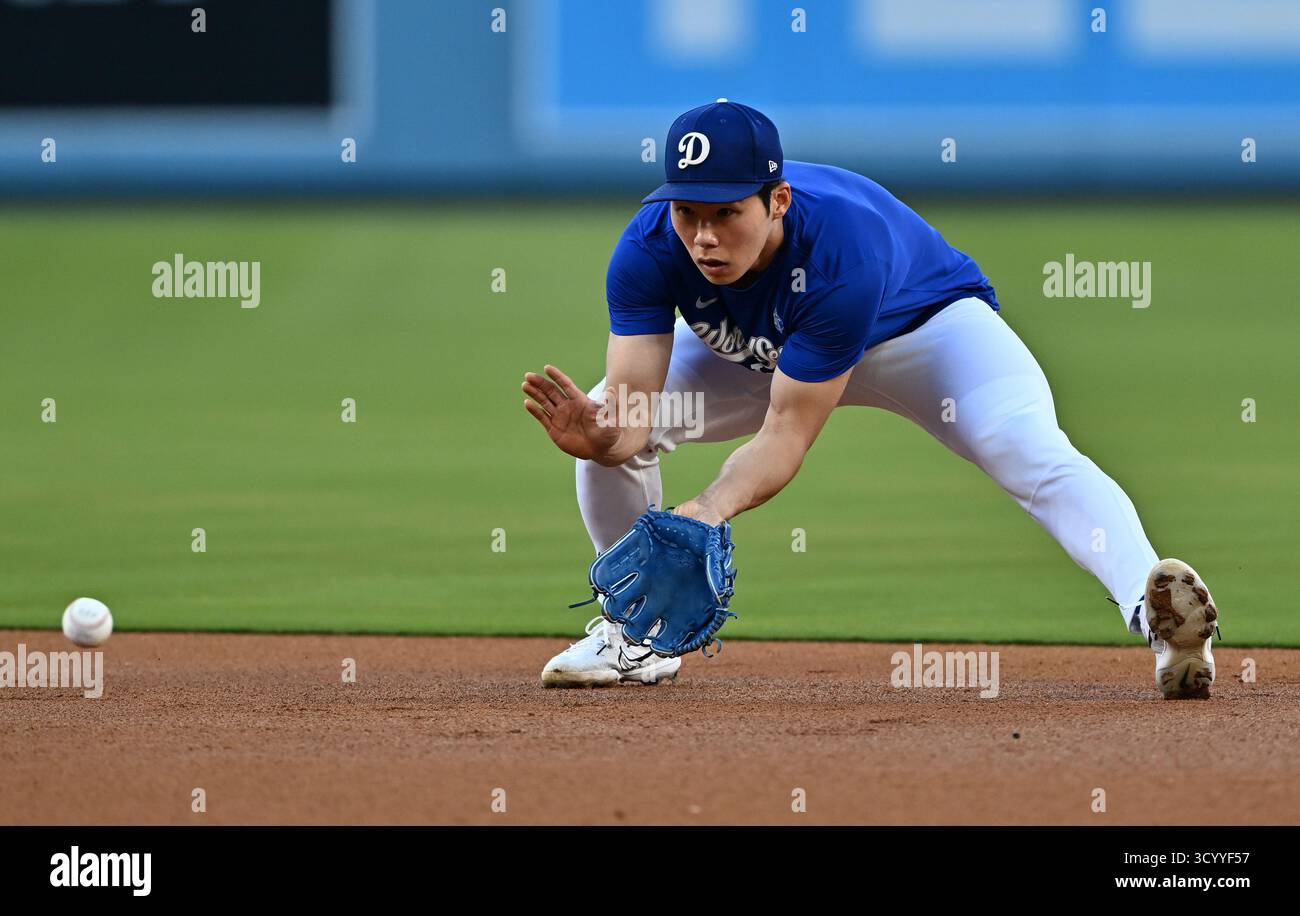 Los Angeles Dodgers Hyeseong Kim takes part in a practice before Game 1 ...