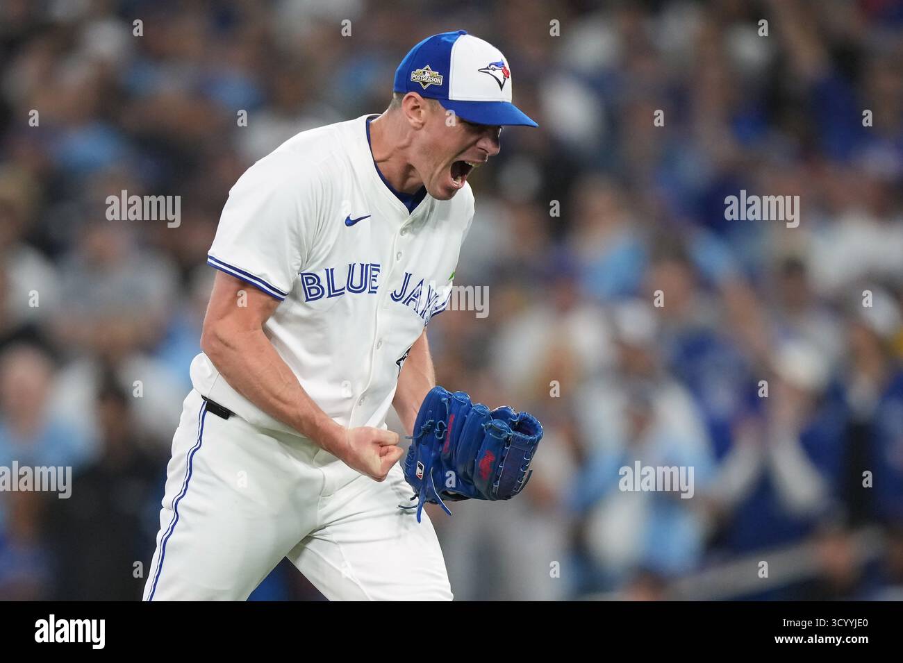 Toronto Blue Jays pitcher Chris Bassitt reacts after the final out of ...