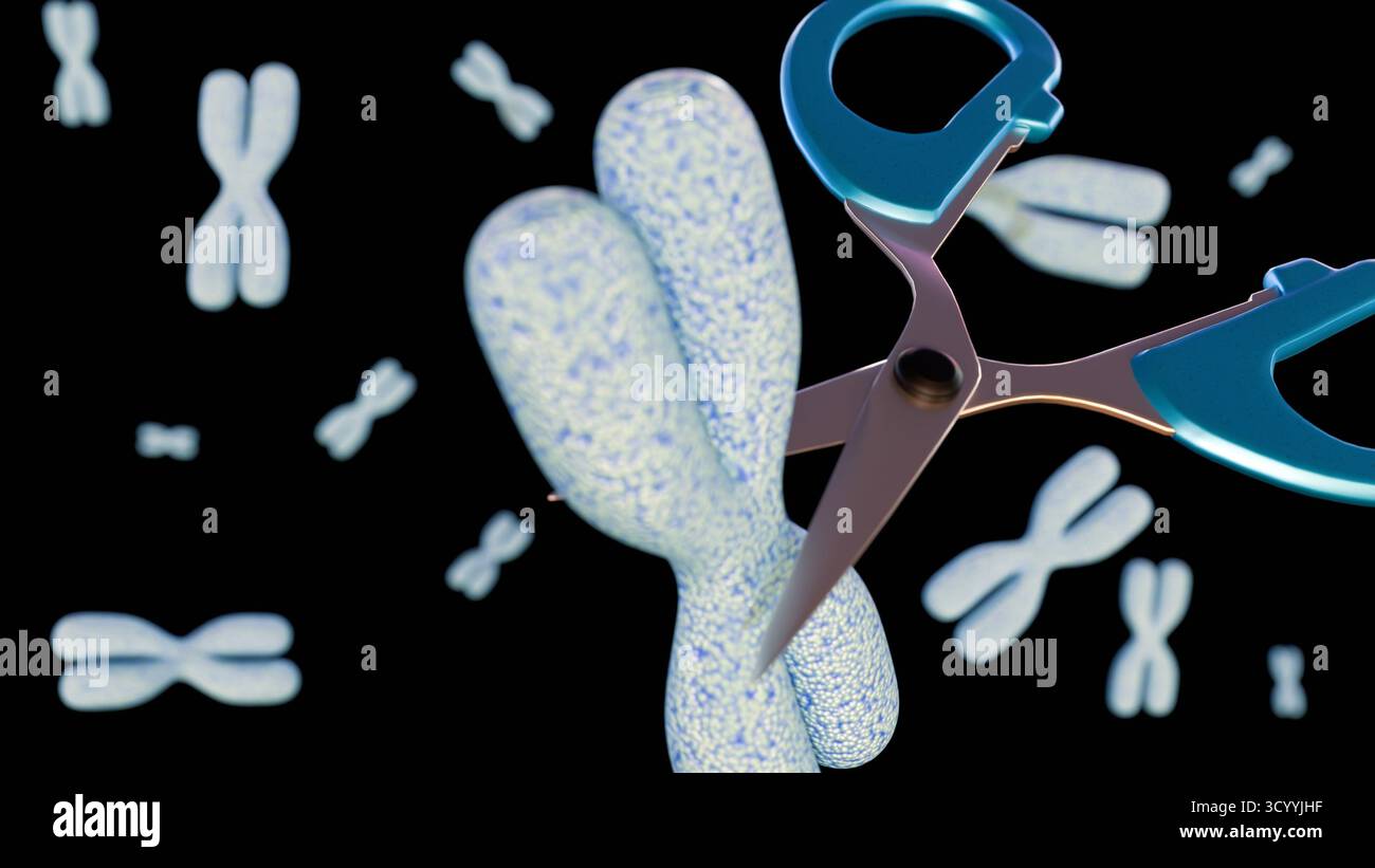 A 3d illustration of gene editing, showing of a scissors "cutting ...